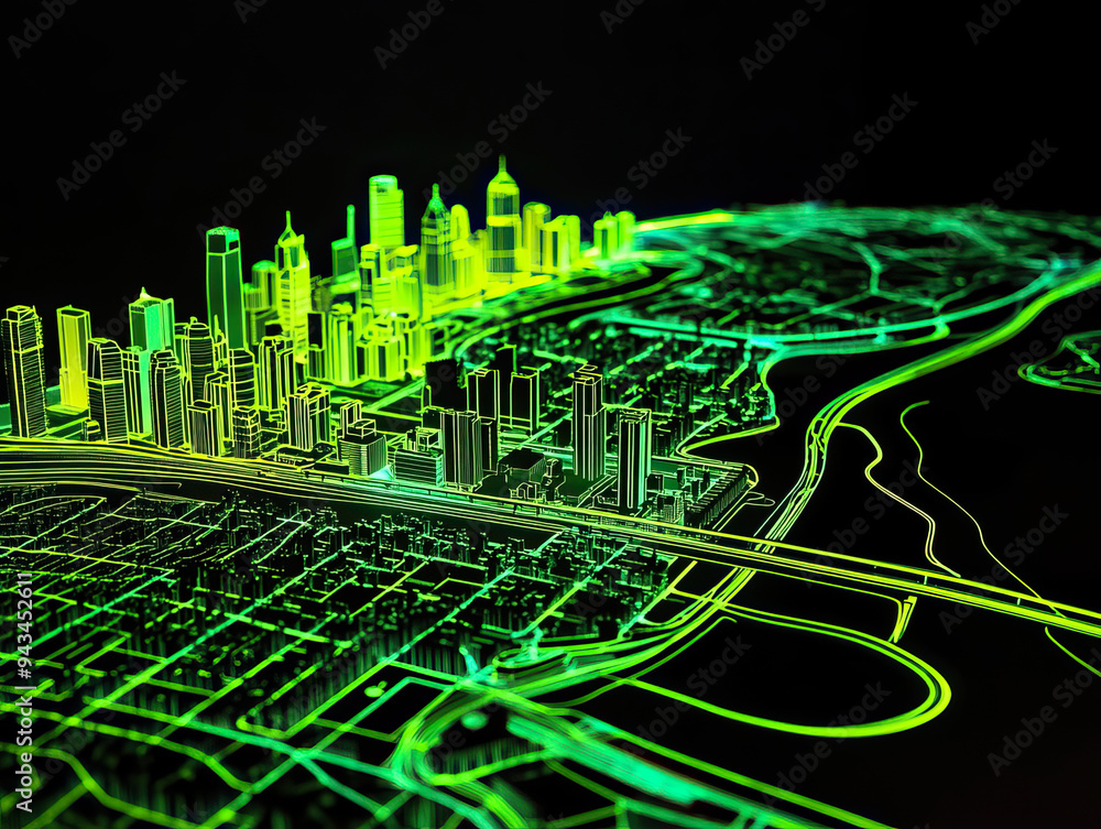 Technical aerial visual, 3D LiDAR GIS aerial map satellite scan model ...