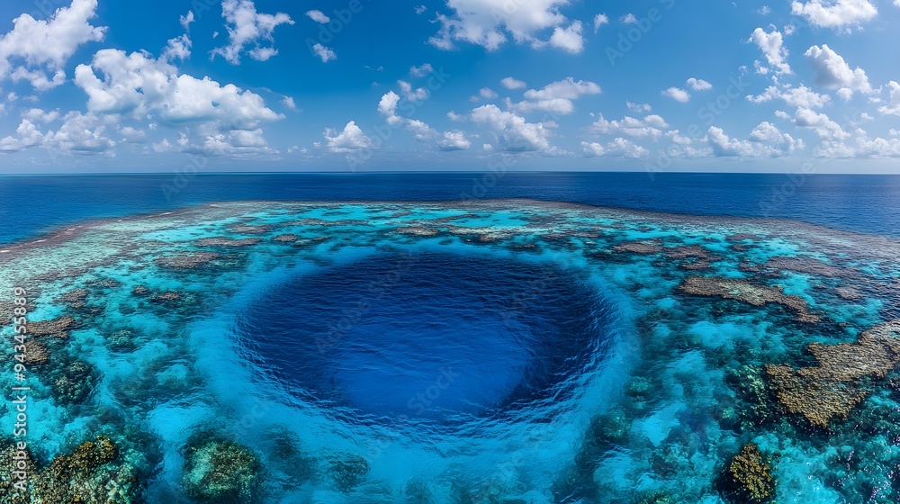 4. "A panoramic view of the Great Blue Hole, highlighting the circular ...