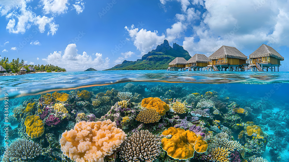 Bora bora, Overwater bungalows in a tropical paradise with a vibrant ...