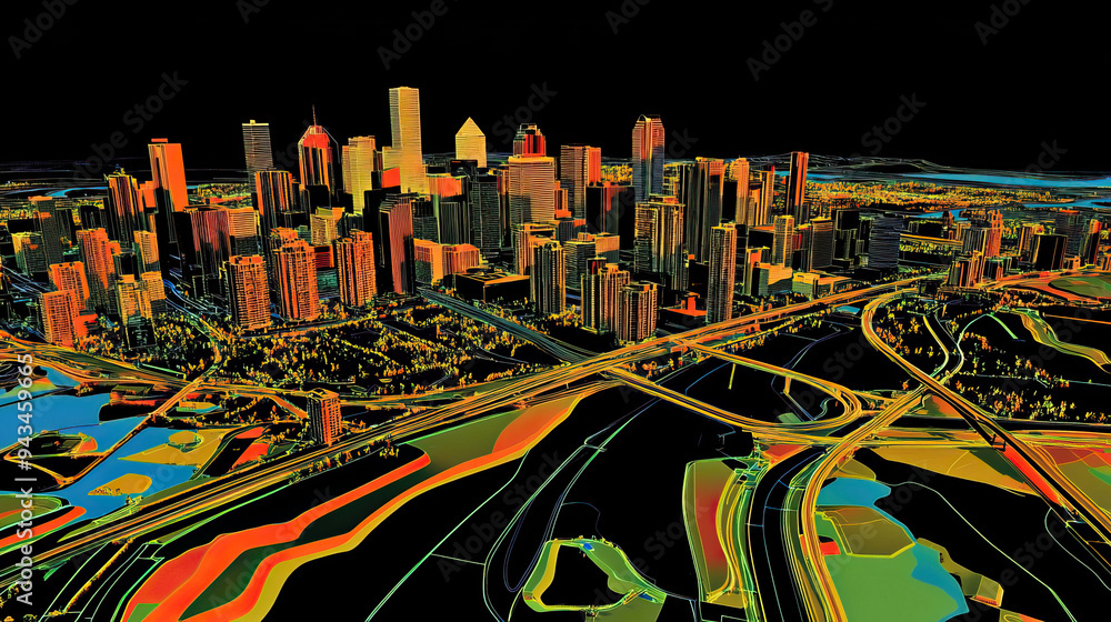 Technical aerial visual, 3D LiDAR GIS aerial map satellite scan model ...