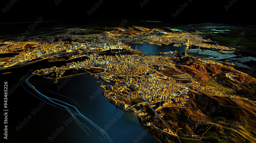 Technical aerial visual, 3D LiDAR GIS aerial map satellite scan model ...