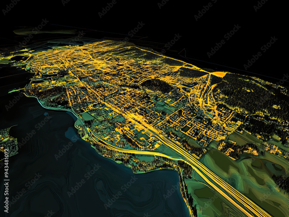 Technical aerial visual, 3D LiDAR GIS aerial map satellite scan model ...