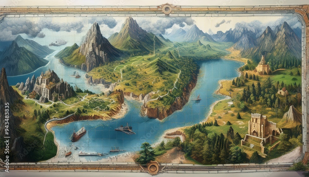 Fantasy Map: A detailed, hand-drawn map of an imaginary world, complete ...