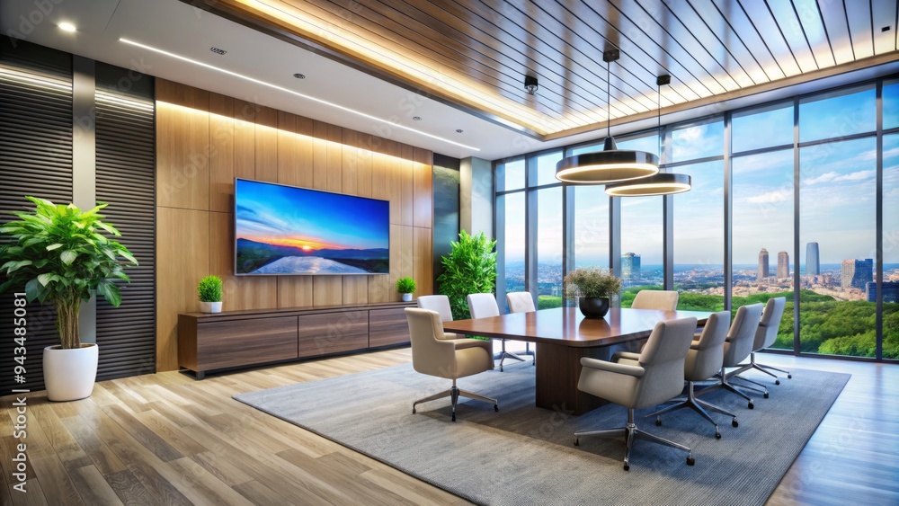 Modern minimalist office aesthetic large TV screen wall mounting ...