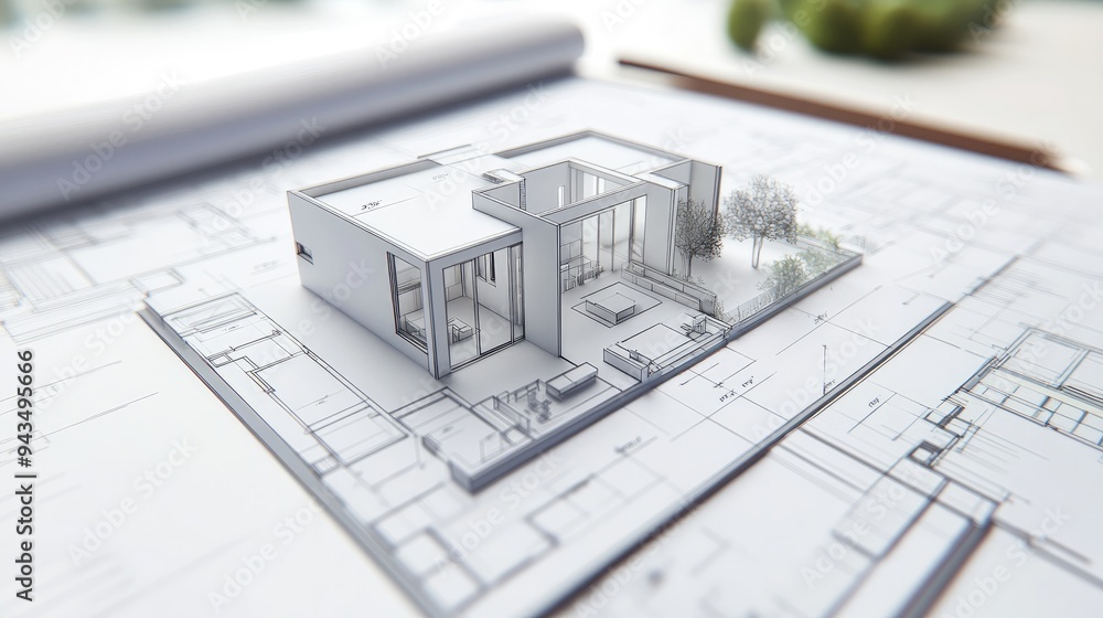 A miniature architectural model of a modern house placed on detailed ...