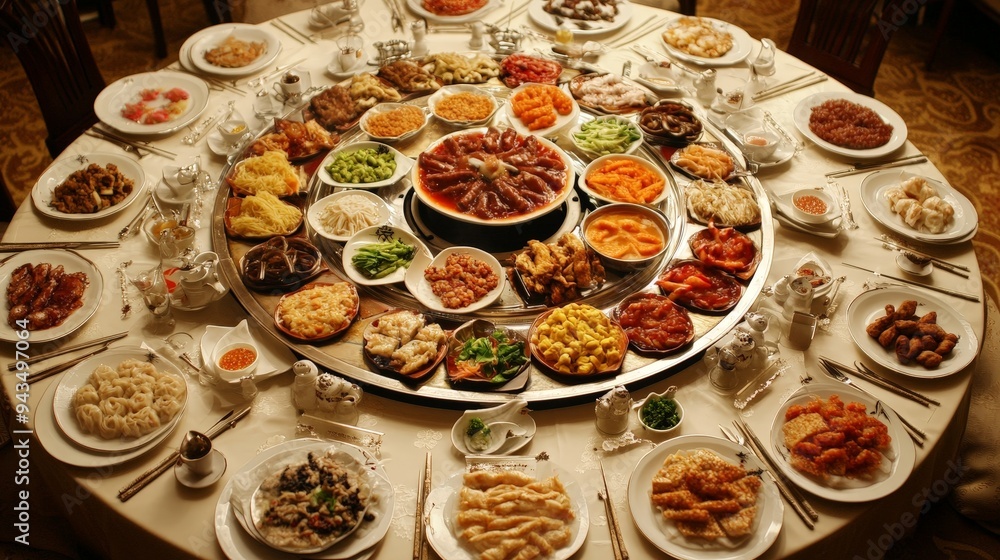 large, round table in a Chinese restaurant, with a lazy Susan in the ...