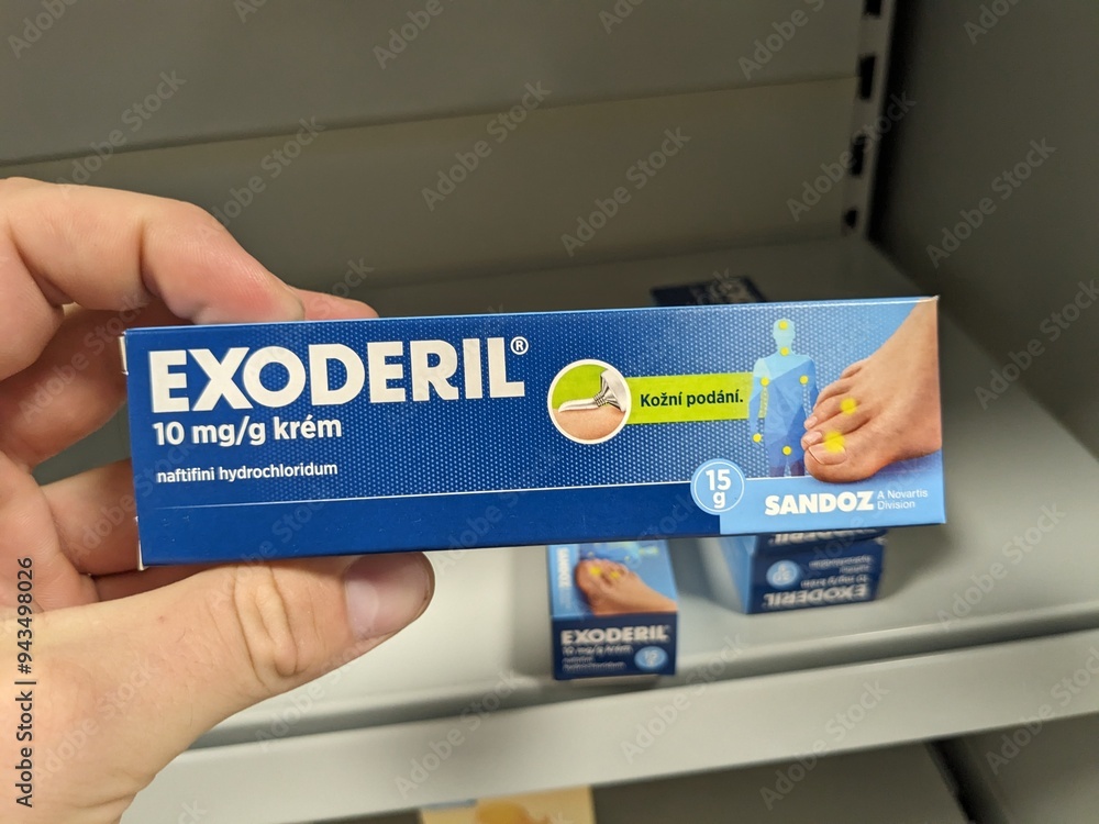 Prague, Czech Republic - August 28 2024: EXODERIL box with NAFTIFINE ...