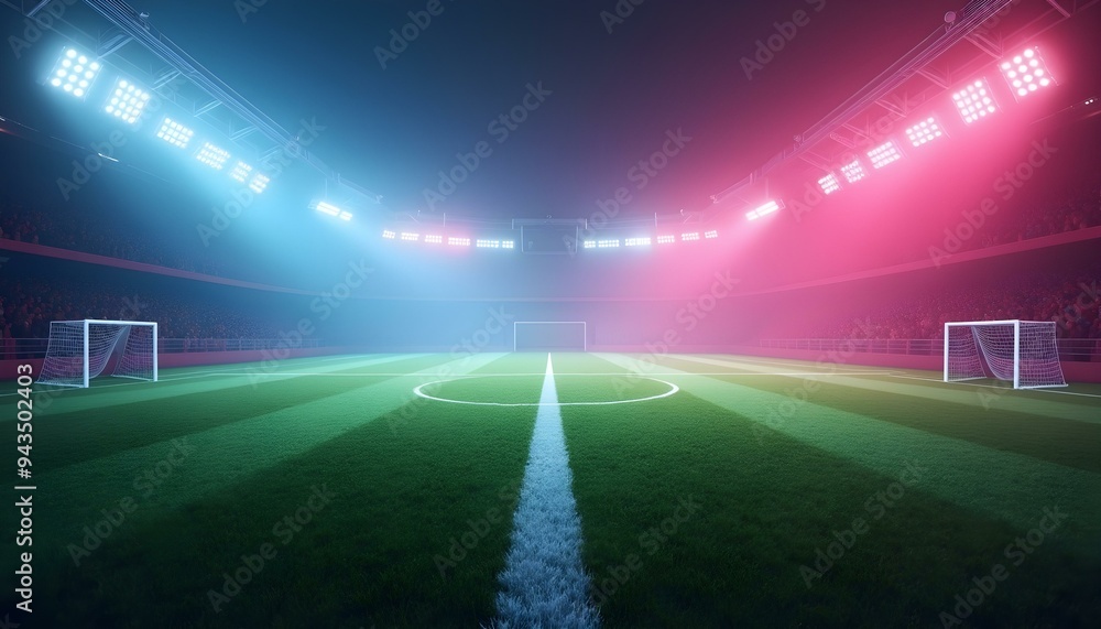 textured soccer game field with neon fog - center, midfield. 3d ...