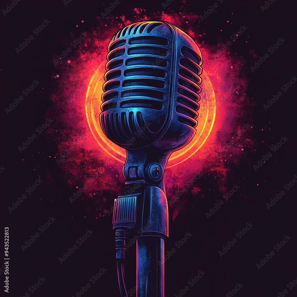 Vintage Microphone in Neon Glow: A retro microphone stands tall against ...