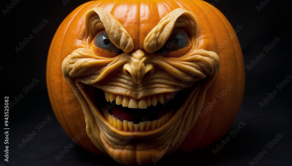 Halloween pumpkin with a realistic face of a man sarcastically ...
