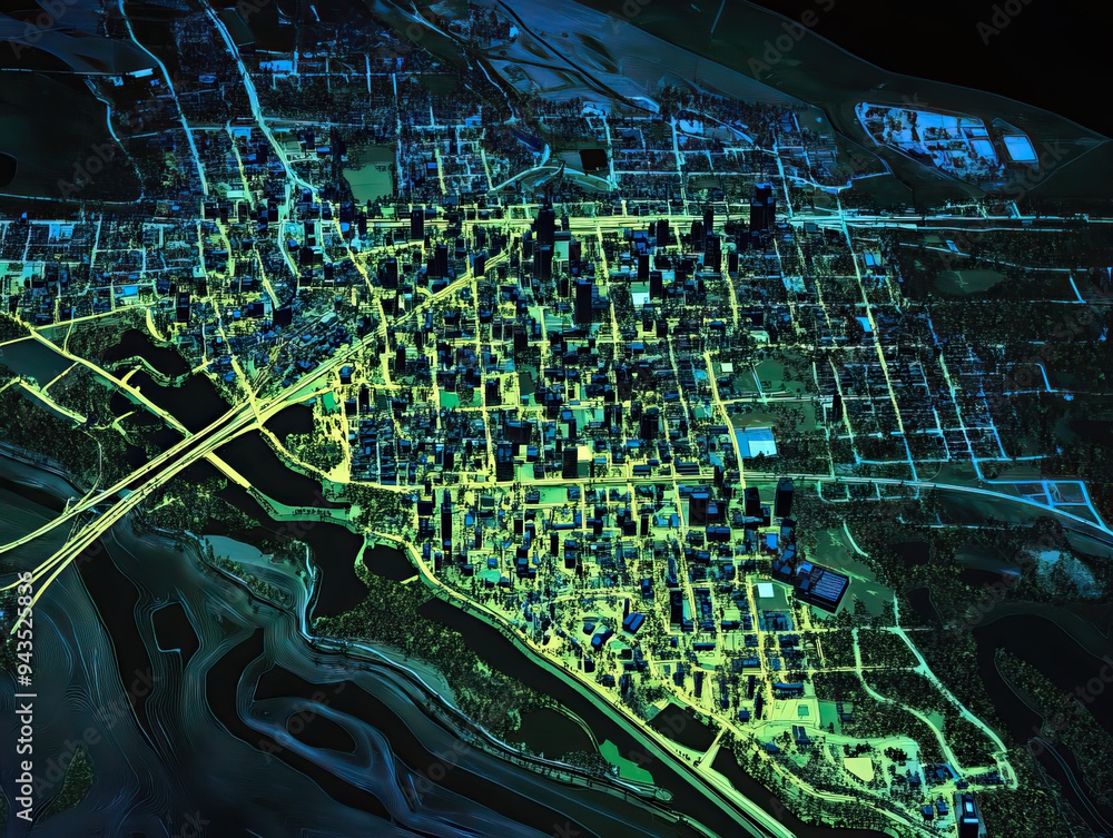 Technical aerial visual, 3D LiDAR GIS aerial map satellite scan model ...