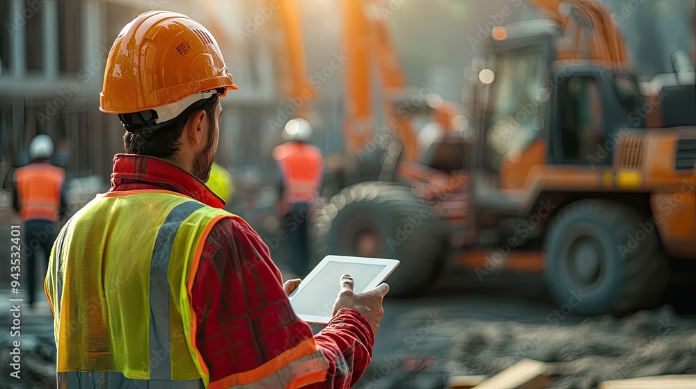 Construction worker with tablet oversees project operations at a busy ...