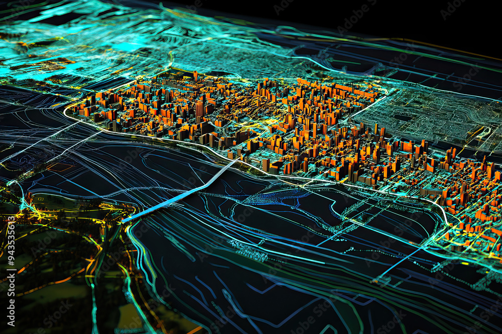 Technical aerial visual, 3D LiDAR GIS aerial map satellite scan model isolated, showing Gatineau ...