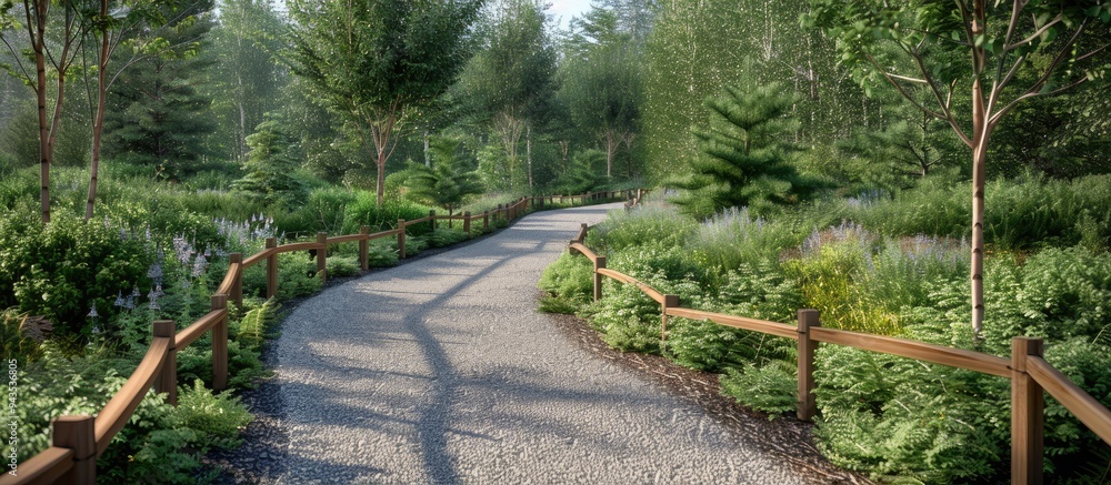 Tranquil outdoor scene with a gravel pathway winding through open ...