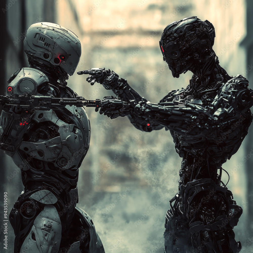 robot with a person in front, soldier of the soldier cyborg war robot ...