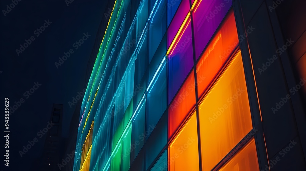 Stunning photograph of a rainbow illuminated modern building at night ...