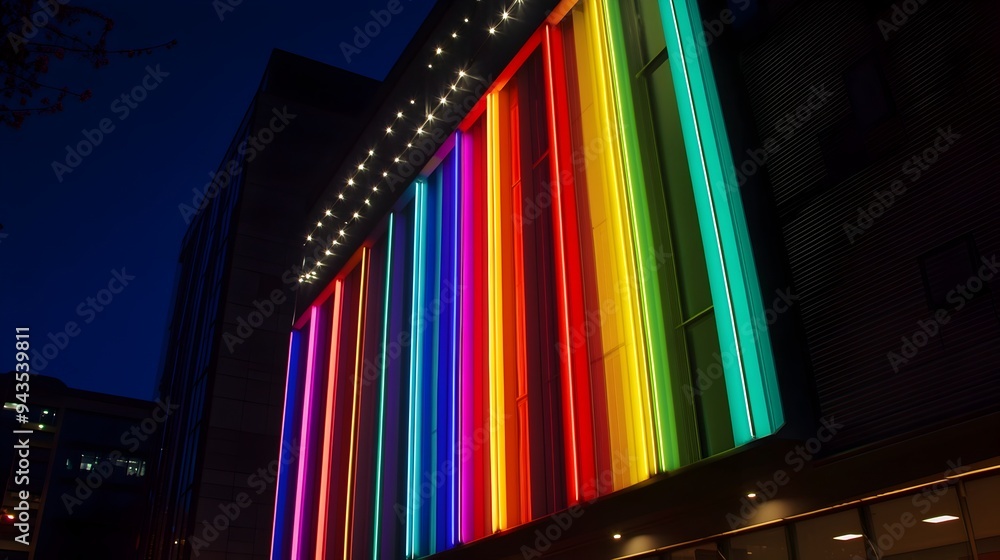 Vibrant rainbow lit building illuminating the city skyline at night ...