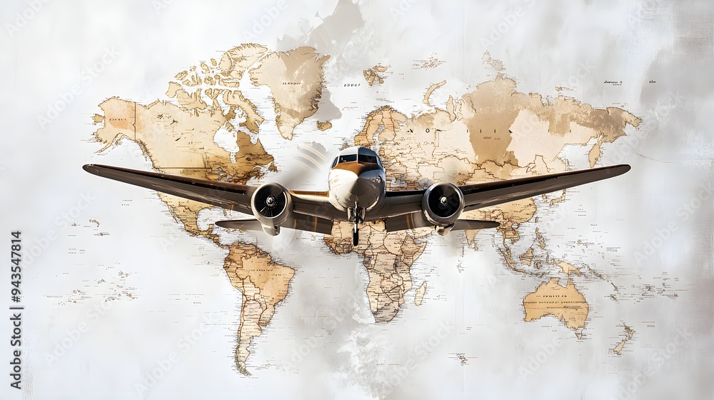 Historic aircraft flying over aged map textures, layered in a double ...