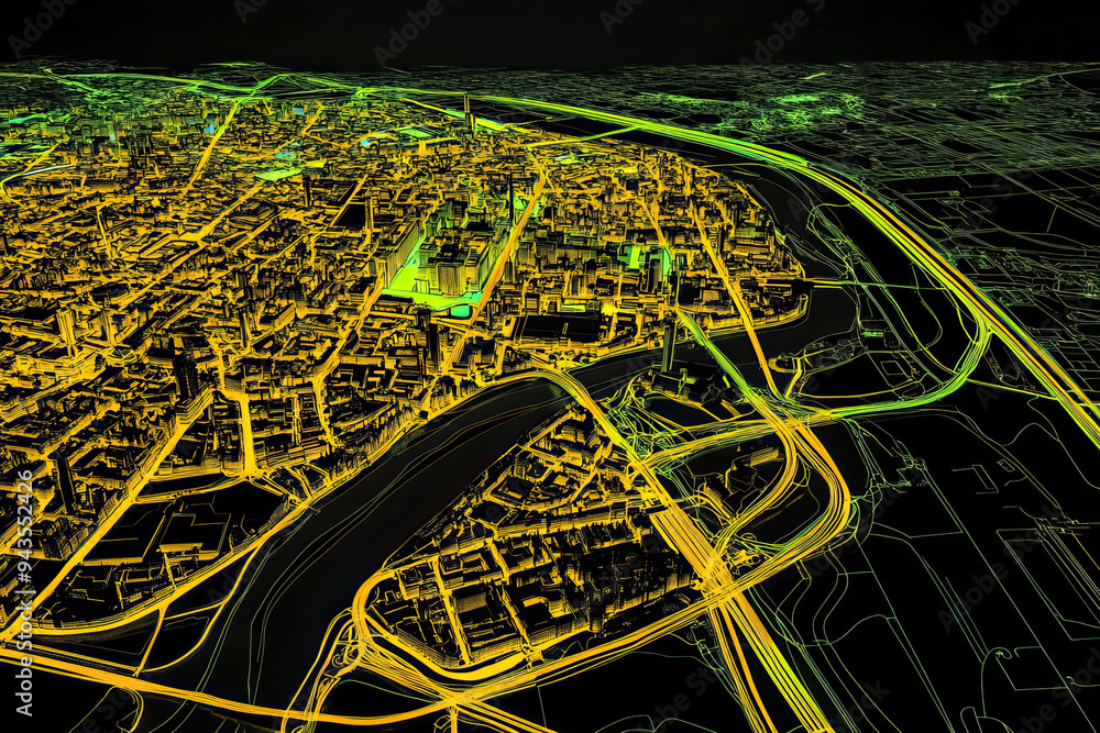 Technical aerial visual, 3D LiDAR GIS aerial map satellite scan model ...