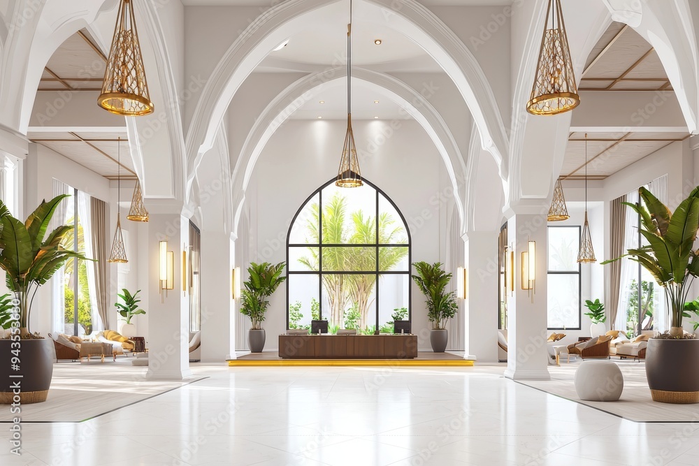 Hotel lobby interior with reception desk and guest relaxation zone ...