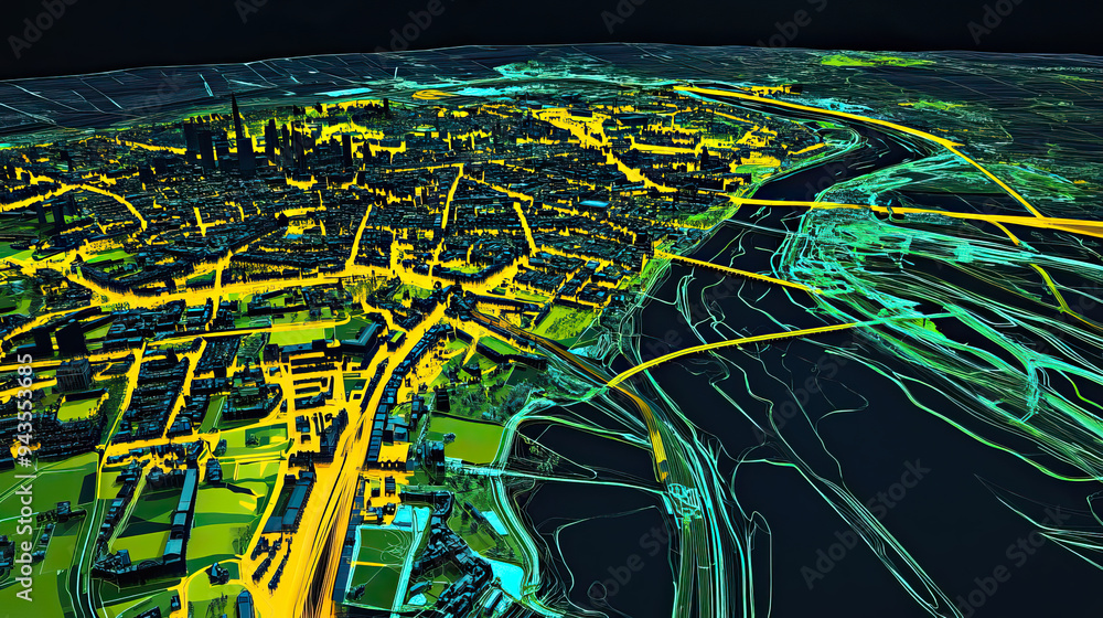 Technical aerial visual, 3D LiDAR GIS aerial map satellite scan model ...