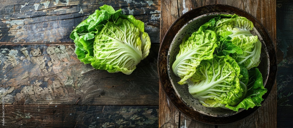Chinese cabbage pickled and fermented in a pan with a wooden backdrop ...