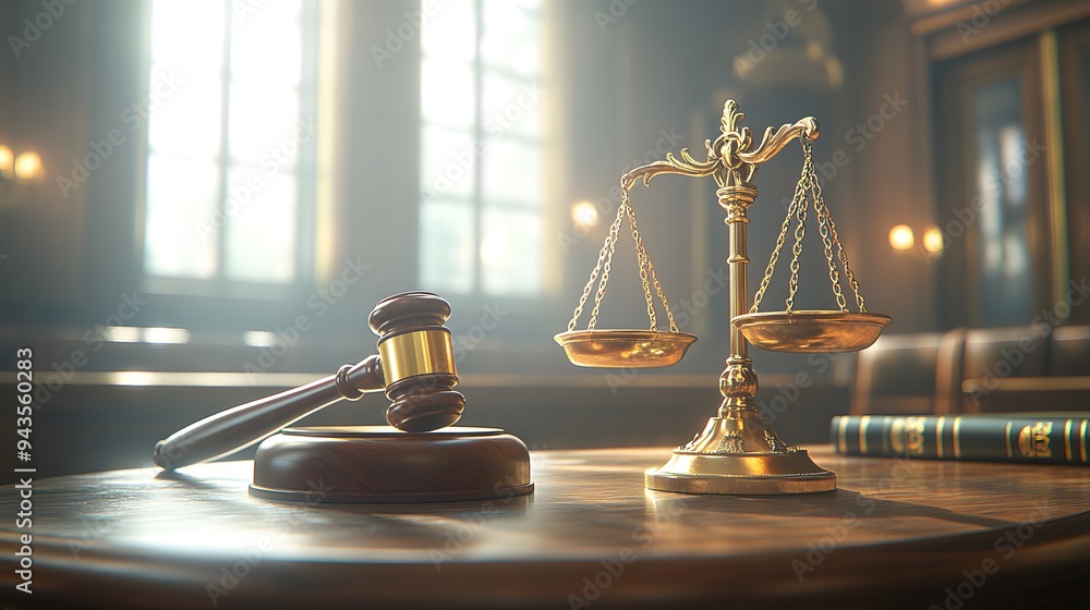 bright courtroom scene, golden scales of justice, judge's gavel, polished wooden desk, law books ...