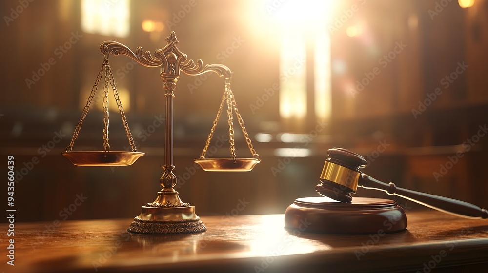 bright courtroom scene, golden scales of justice, judge's gavel, polished wooden desk, law books ...