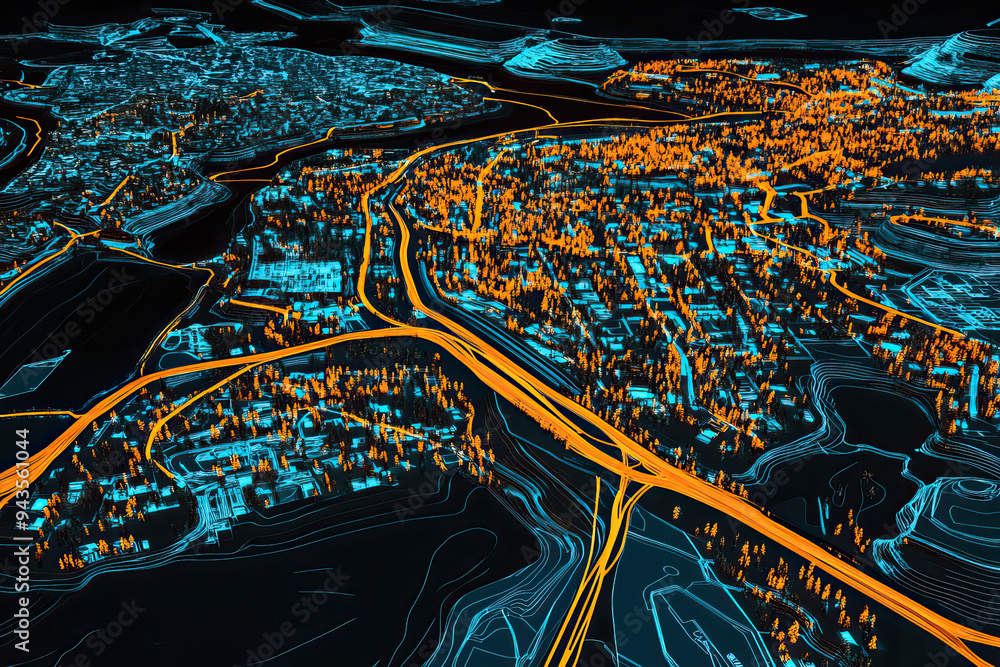 Technical aerial visual, 3D LiDAR GIS aerial map satellite scan model ...