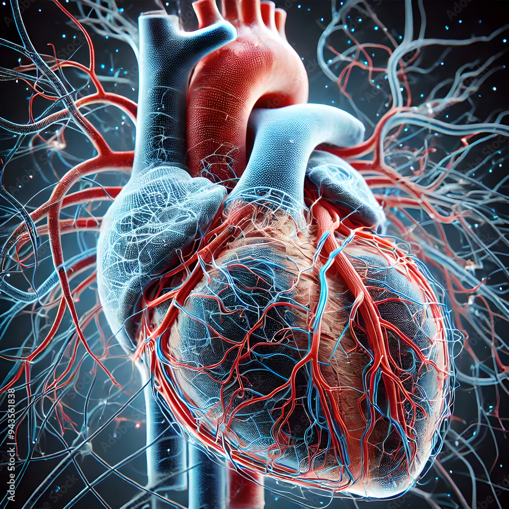 3D image of a human heart with vascular network, including coronary ...