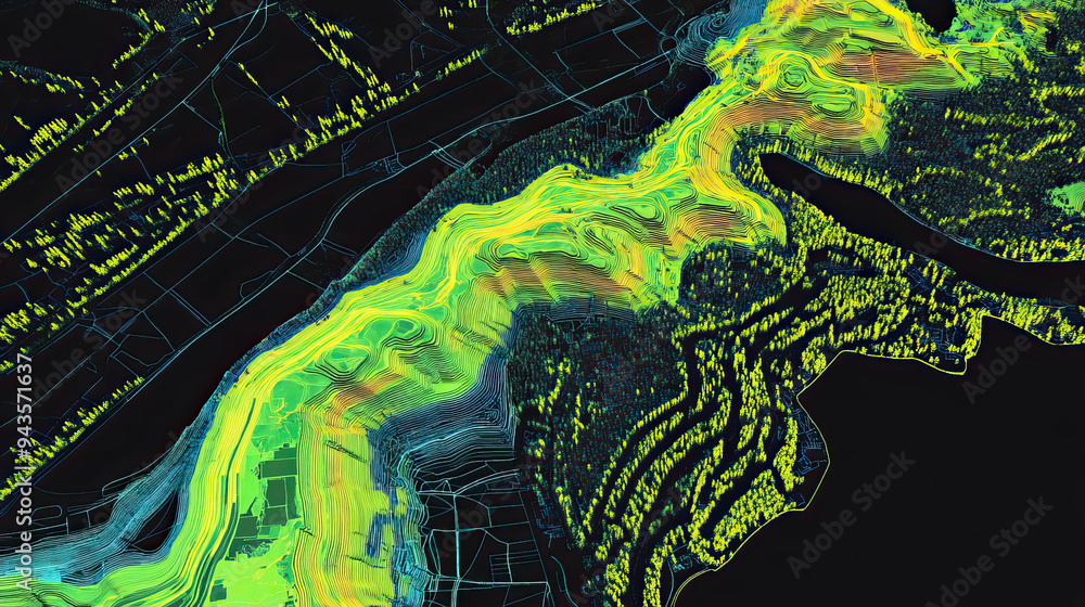 Technical aerial visual, 3D LiDAR GIS aerial map satellite scan model ...