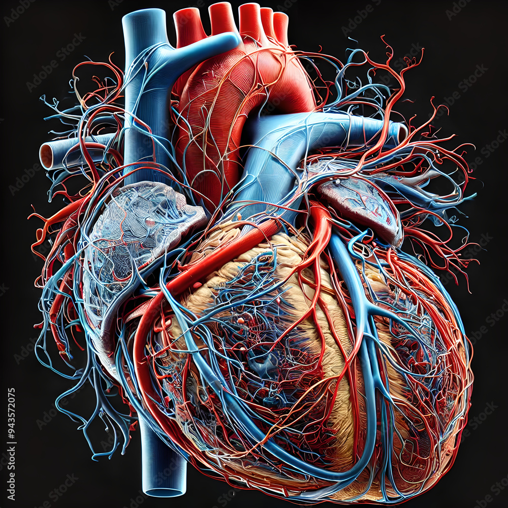 3D image of a human heart with vascular network, including coronary ...