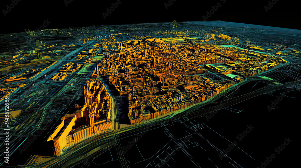 Technical aerial visual, 3D LiDAR GIS aerial map satellite scan model ...