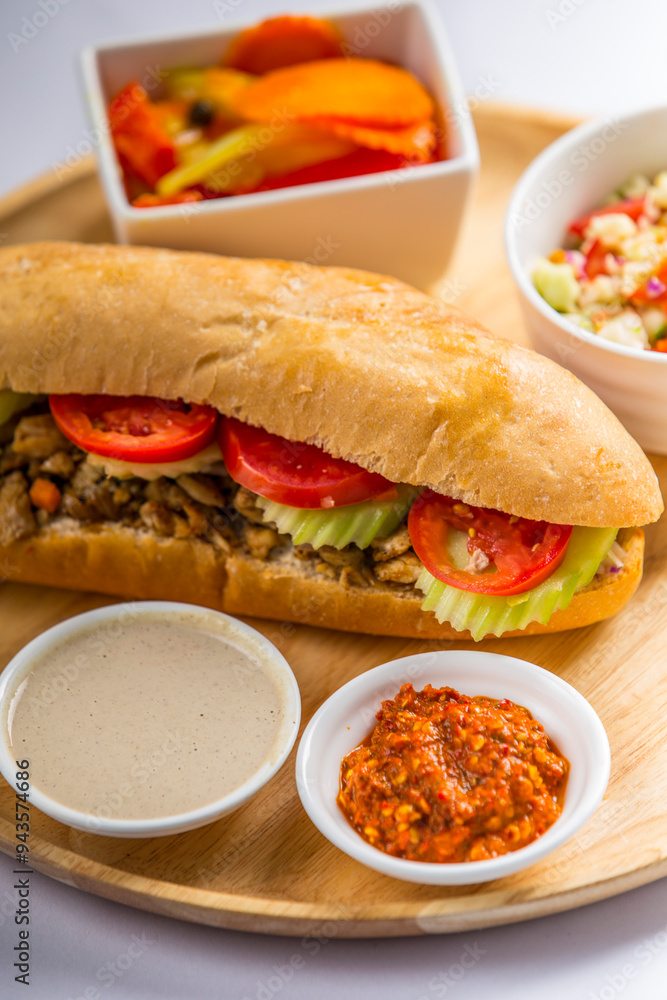 sandwich shawarma chicken in a baguette middle eastern food salad and ...