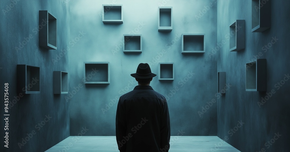 A man with OCD standing in front of a wall with multiple closed windows ...