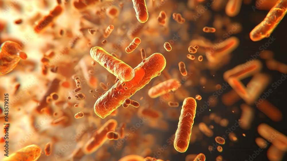 Gut bacteria magnified under a powerful microscope, showcasing complex ...