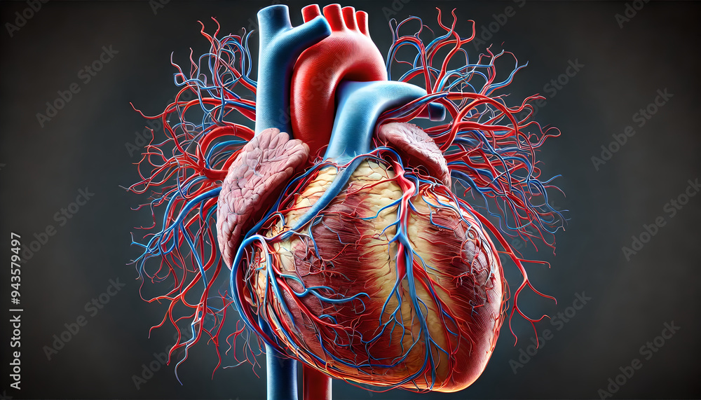 3D image of a human heart with vascular network, including coronary ...