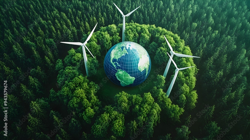 Photograph depicting a globe surrounded by lush trees and wind turbines ...