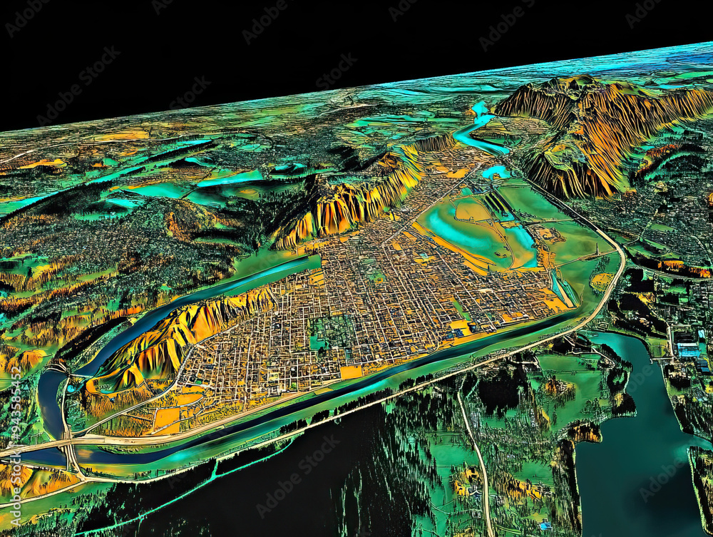 Technical aerial visual, 3D LiDAR GIS aerial map satellite scan model ...
