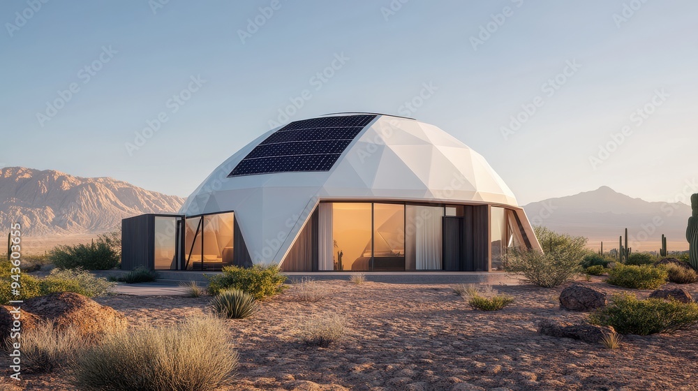 A modern geodesic dome home nestled in a desert landscape under a clear ...