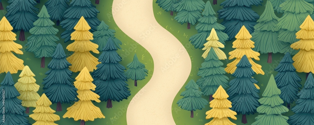 Pine forest path flat design top view hiking trail theme cartoon ...
