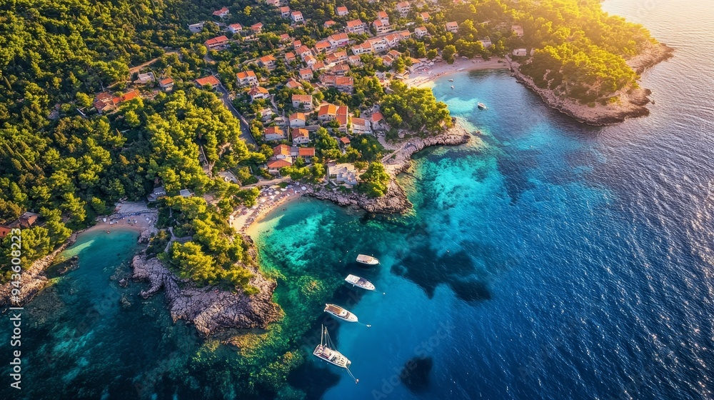 Panoramic aerial view of the picturesque Blue Lagoon village Veli ...