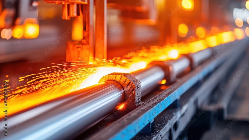 A closeup of hot steel billets being formed into shapes on a rolling ...