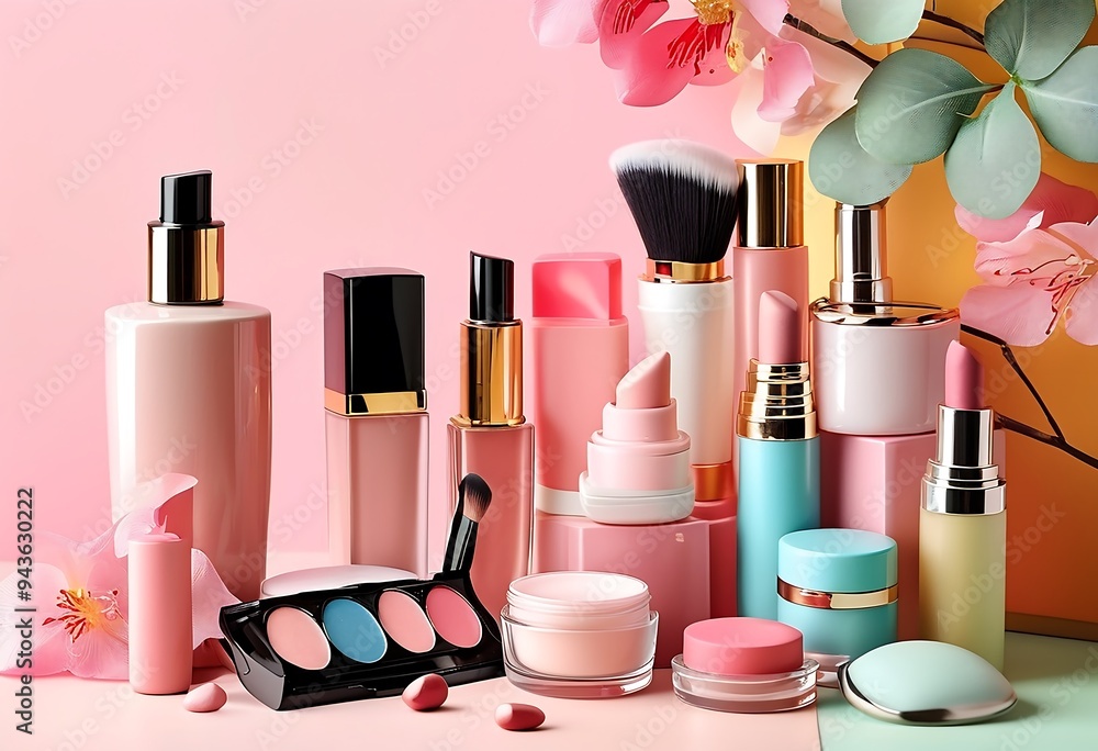 Colorful arrangement of makeup and accessories showcases beauty ...