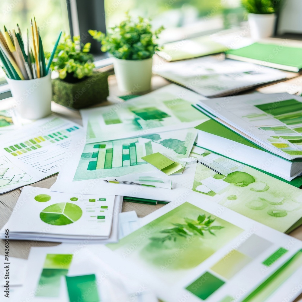 Greenwashing, graphs and stats on documents with green paint splattered ...