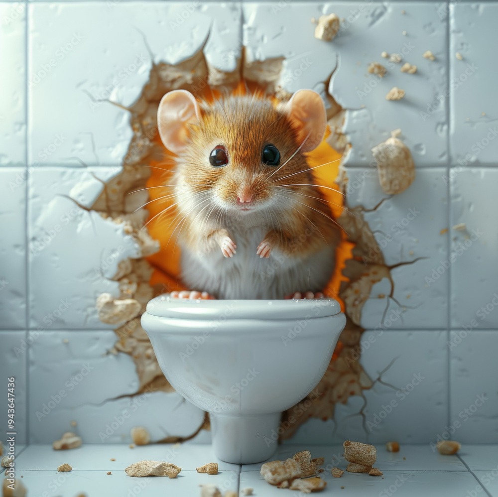 Mouse Sitting on Toilet inout of a hole in wall , decore Stock Photo ...