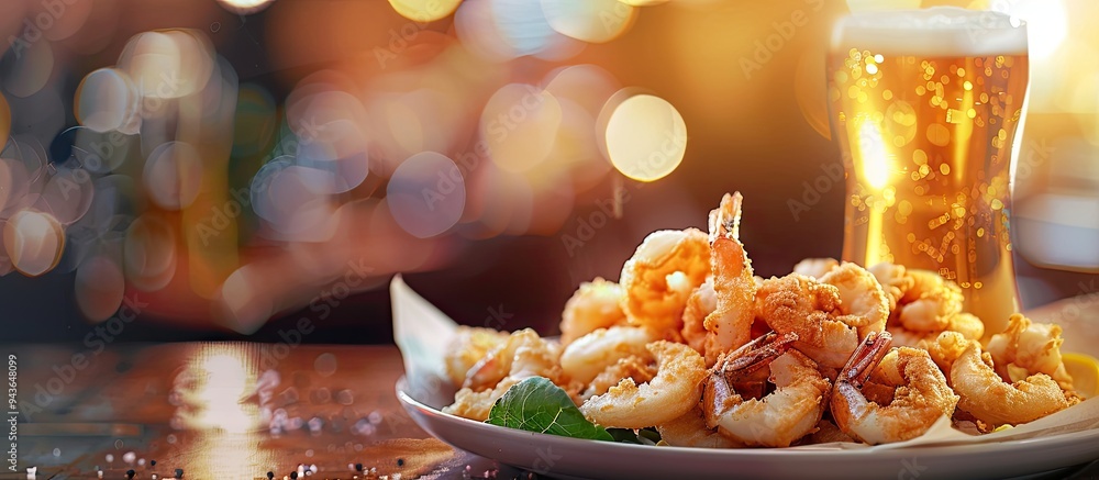 Deep fried calamari with a side of beer in a clear glass displayed on a ...
