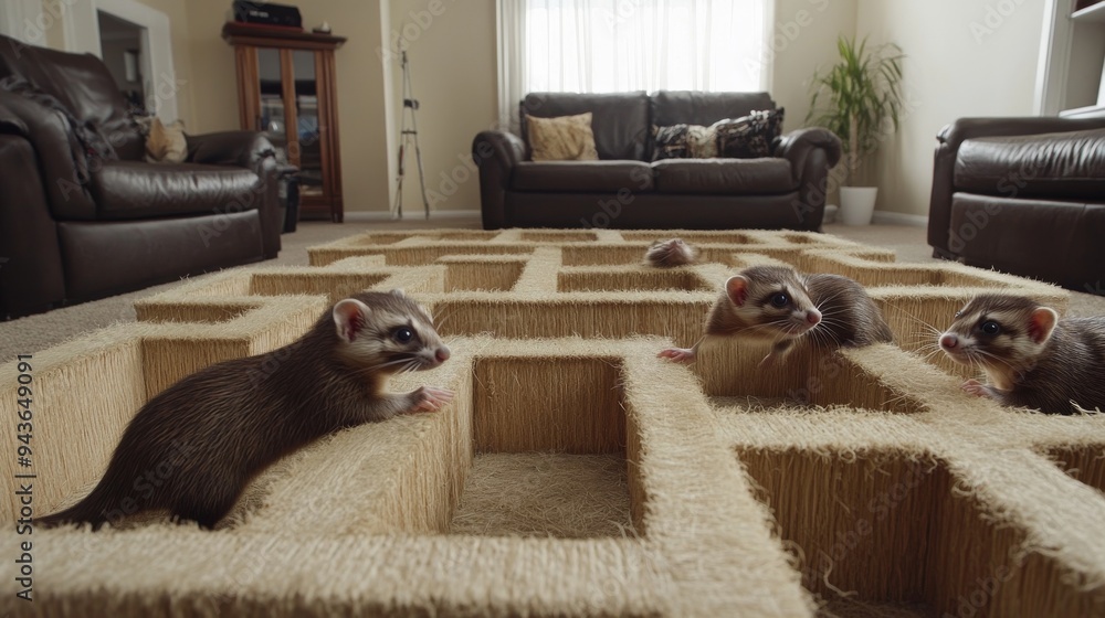 Ferrets exploring a maze set up in a living room, curiously sniffing ...