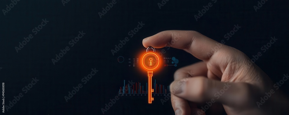 Futuristic hand holding a glowing digital key, unlocking a vault filled ...
