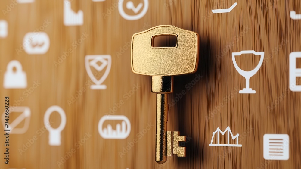 Golden key unlocking a vault of floating, shining icons representing ...